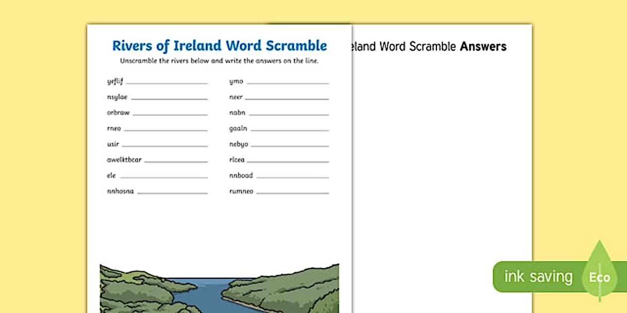 Black and White Geography Rivers of Ireland Word Scramble Worksheet