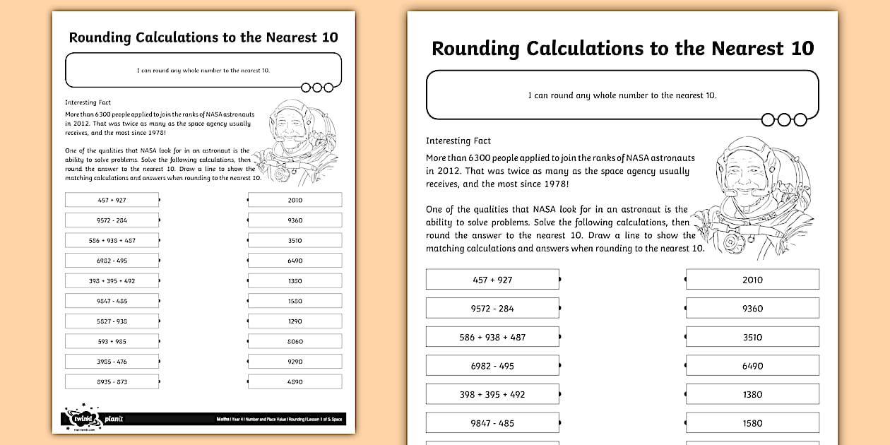 Rounding Calculations to the Nearest 10 Worksheet - Twinkl