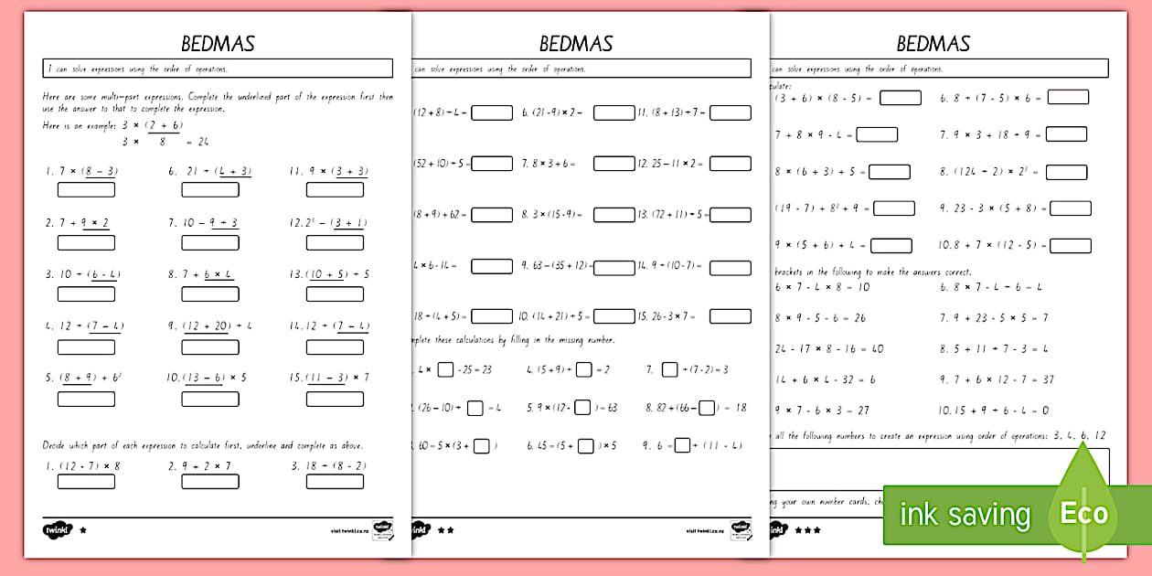 Grade 7-8 BEDMAS Worksheets | Differentiated Activity