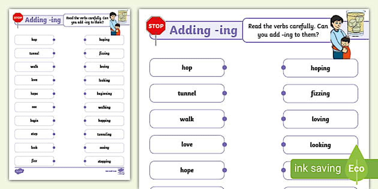Adding -ing Worksheet (Hecho por educadores) - Twinkl
