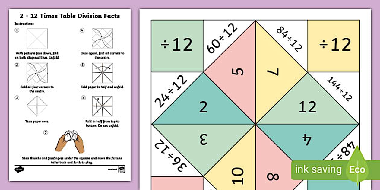 Black and White 2 - 12 Times Table Division Facts Fortune Teller Pack