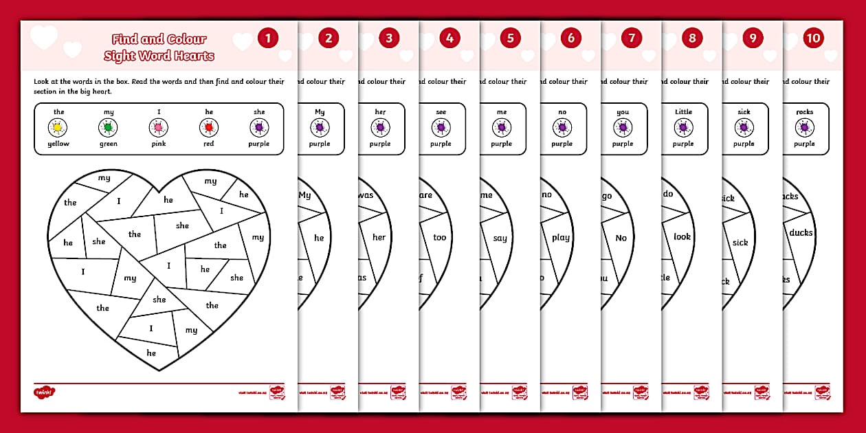 Find and Colour Sight Word Hearts (teacher made) - Twinkl