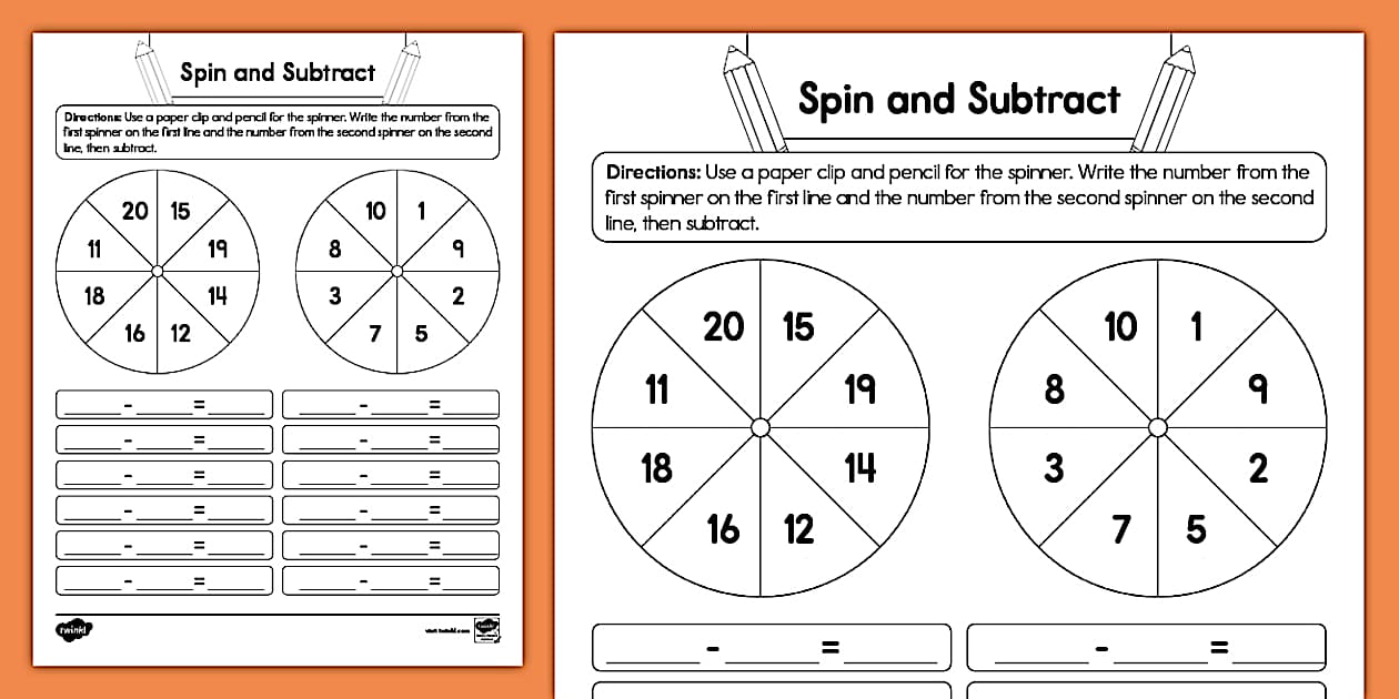 First Grade Spin and Subtract Within 20 Worksheet - Twinkl