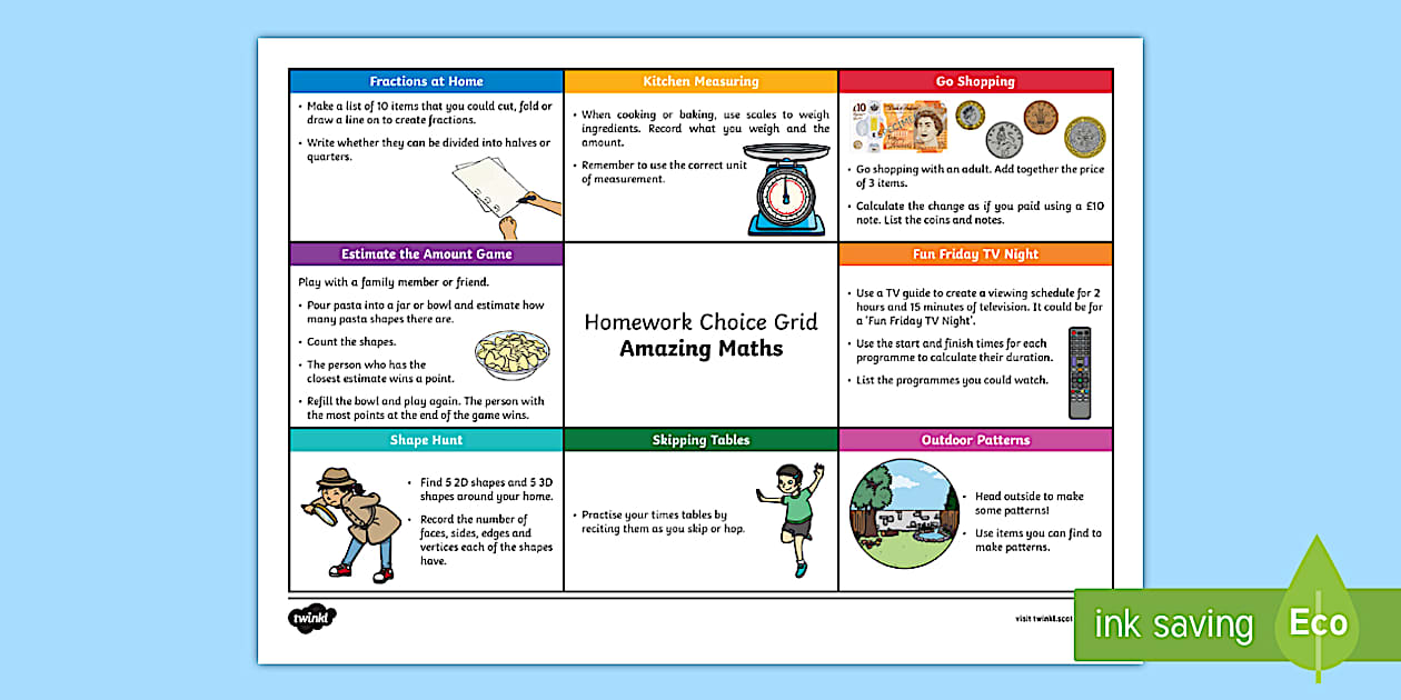 First Level Amazing Maths Day CfE Homework Grid - Twinkl
