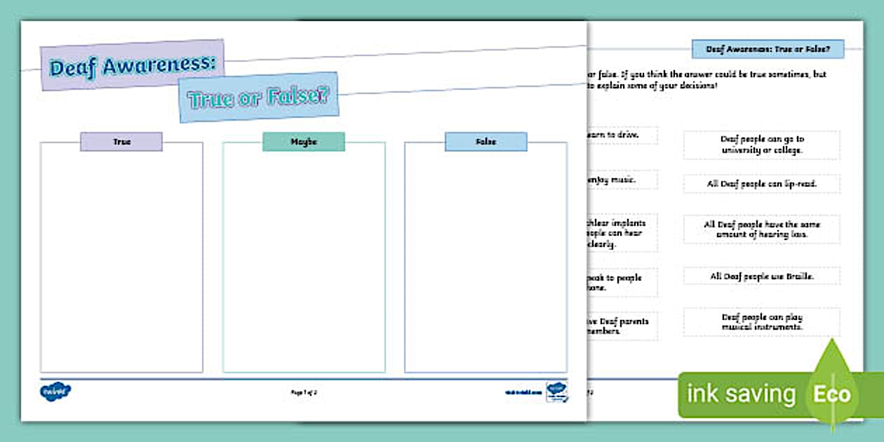 Deaf Awareness True or False Cut and Stick Activity - Twinkl