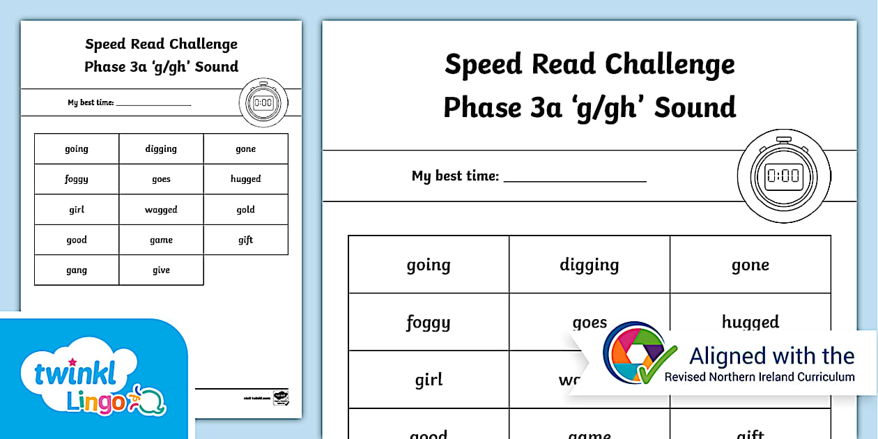 NI Linguistic Phonics Phase 3a 'g/gh' Sound Speed Read Challenge