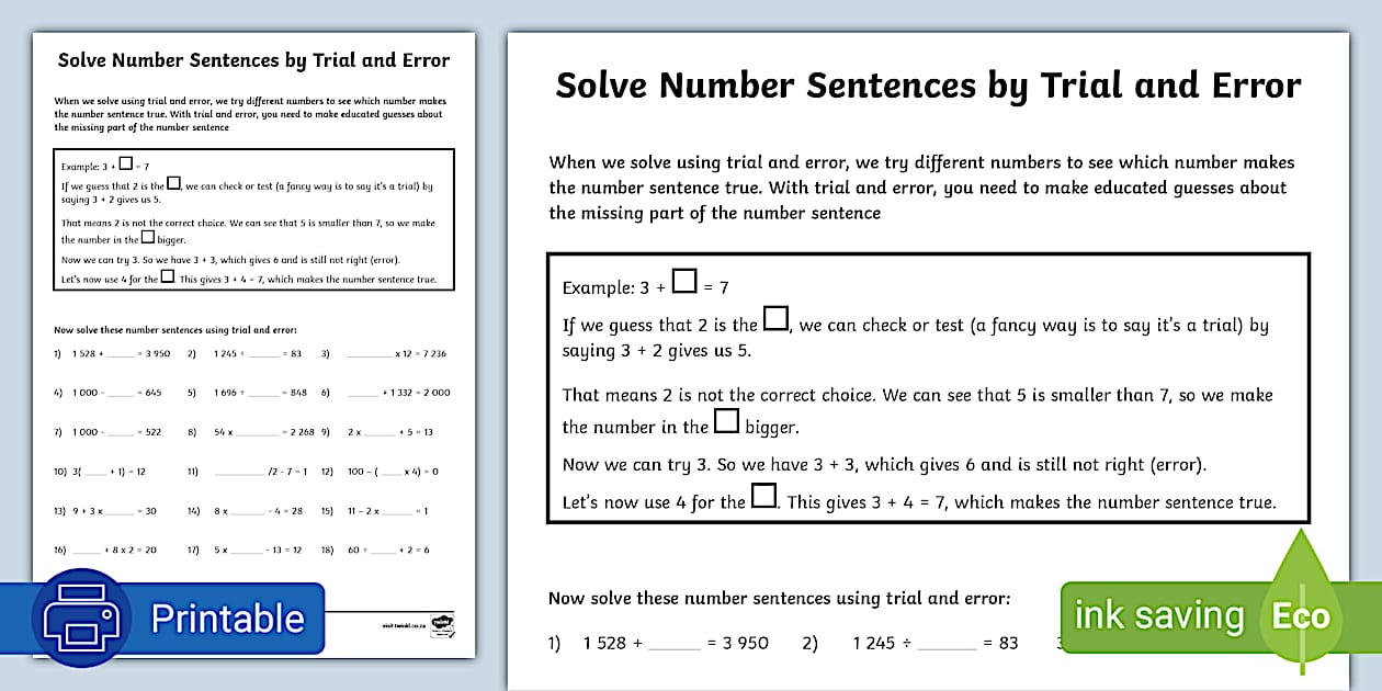 Solve Number Sentences by Trial and Error Activity Sheet