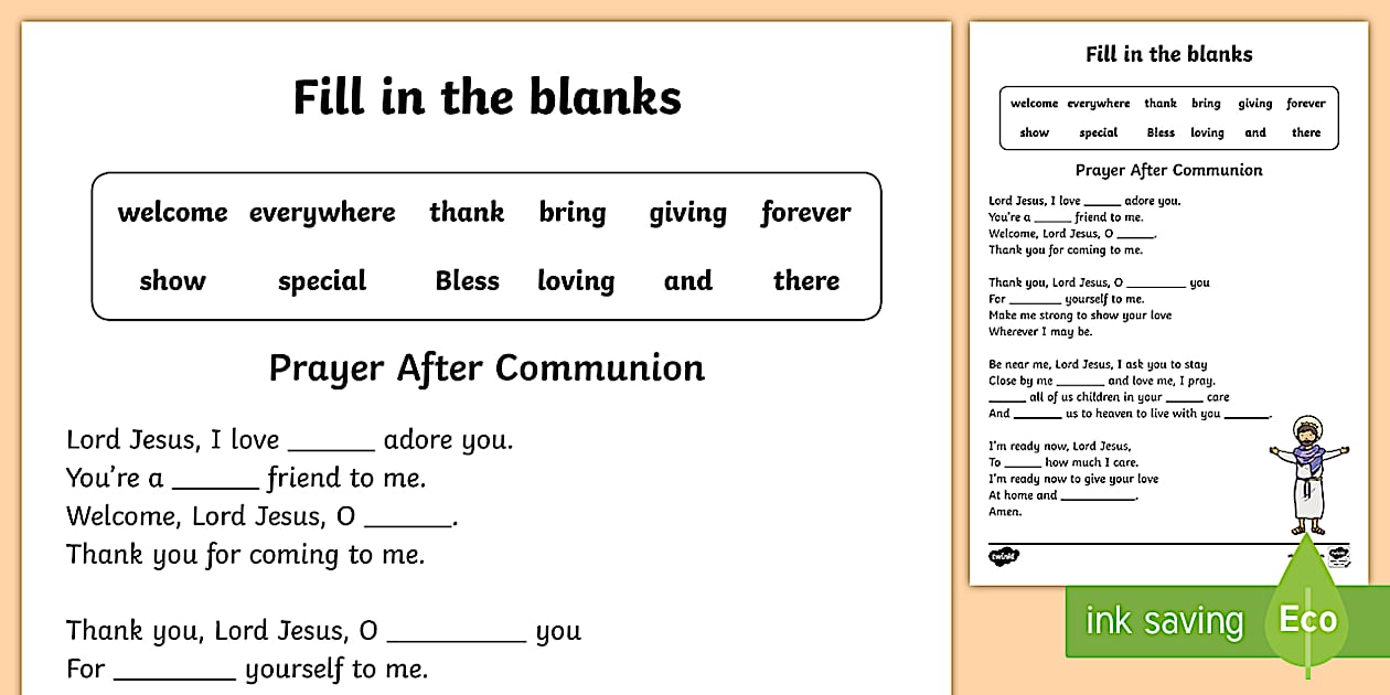 Black and White Prayer After Communion Fill in the blanks Worksheet
