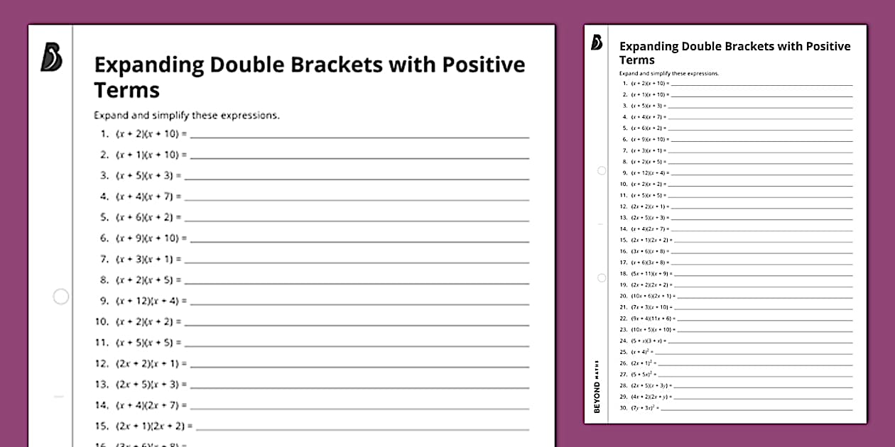 👉 Expanding Double Brackets with Positive Terms Worksheet