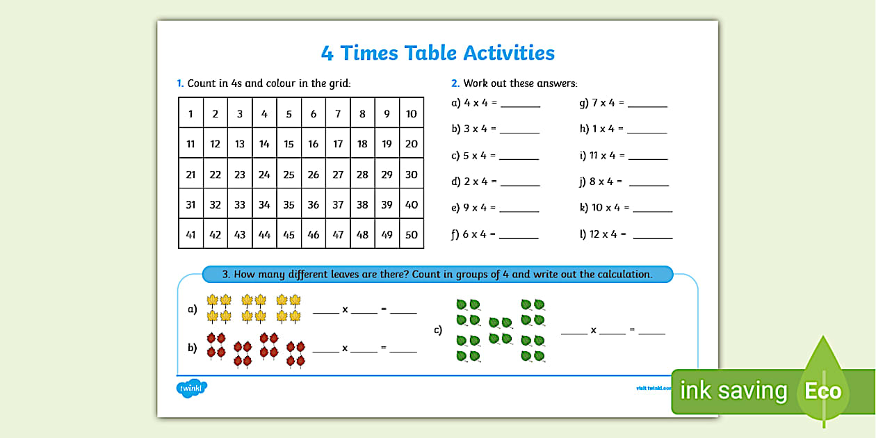 Printable Four Times Table Worksheet | Primary - Twinkl