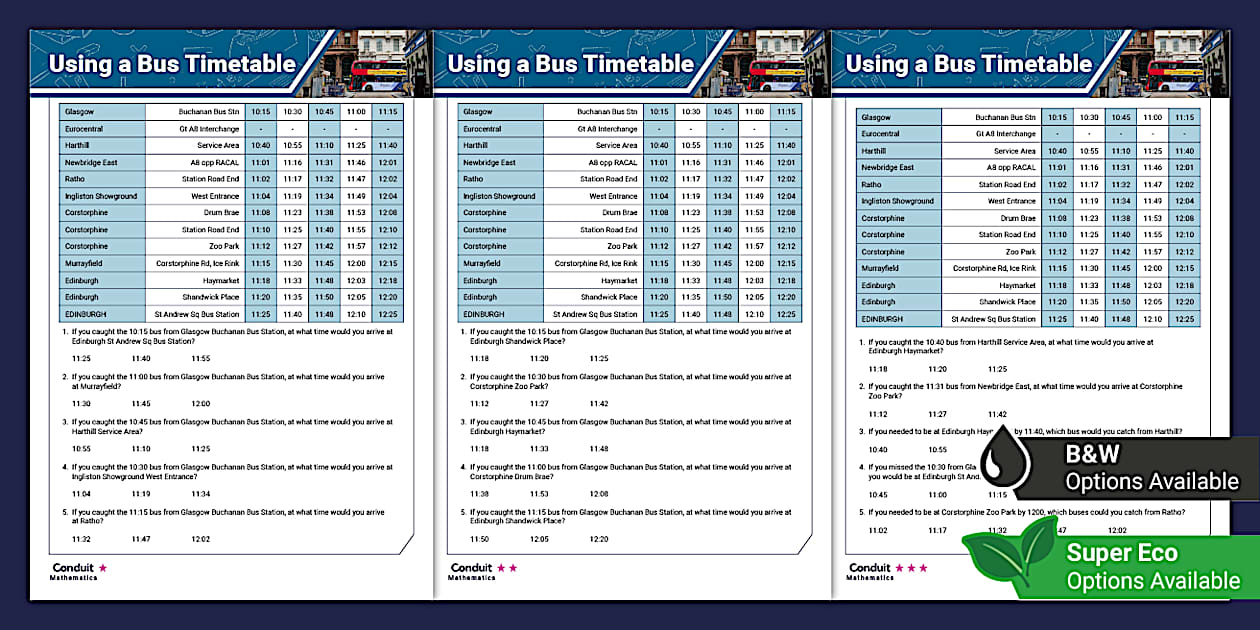 Reinforcing Life Skills: Bus Timetable Activity Sheet
