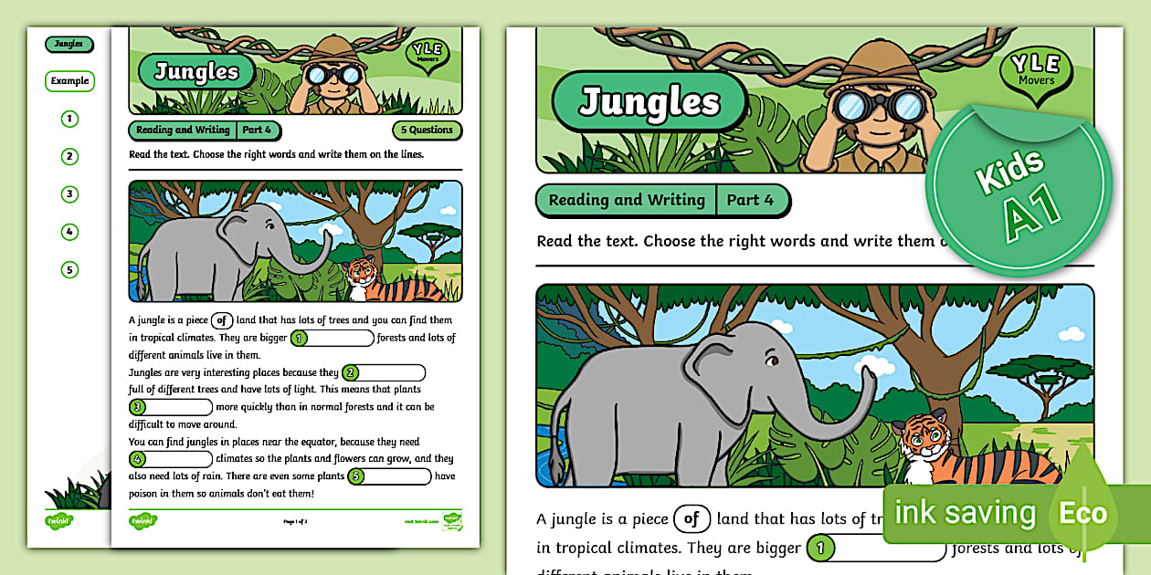 YLE Movers - Reading and Writing Part 4 - Practice Sheet (Jungle) [A1]