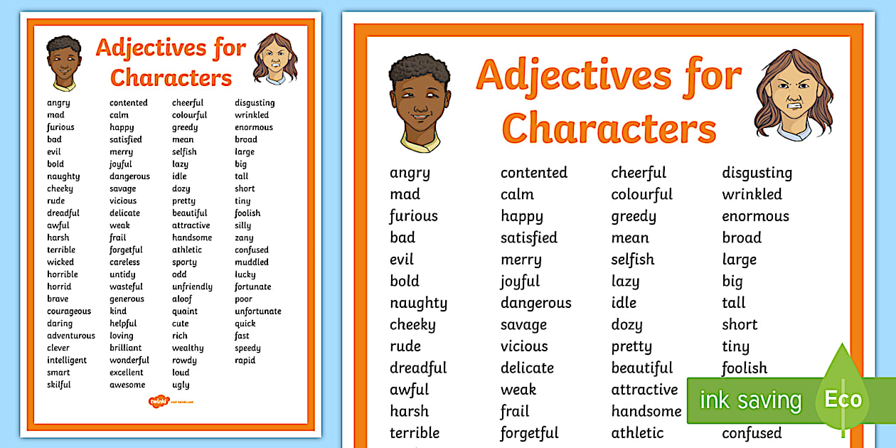 Character adjectives | Display Poster | Easy to print