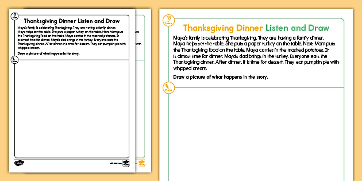 PreK Reading Passage Thanksgiving Dinner Listen and Draw