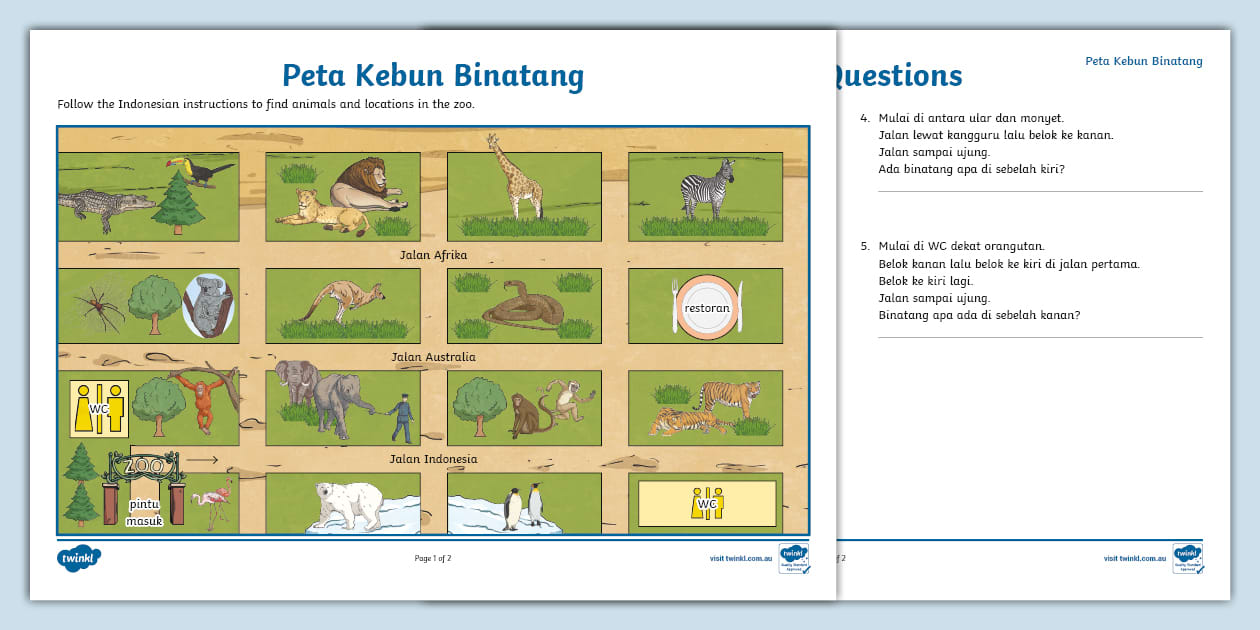 At the Zoo Directions Activity - Indonesian (teacher made)