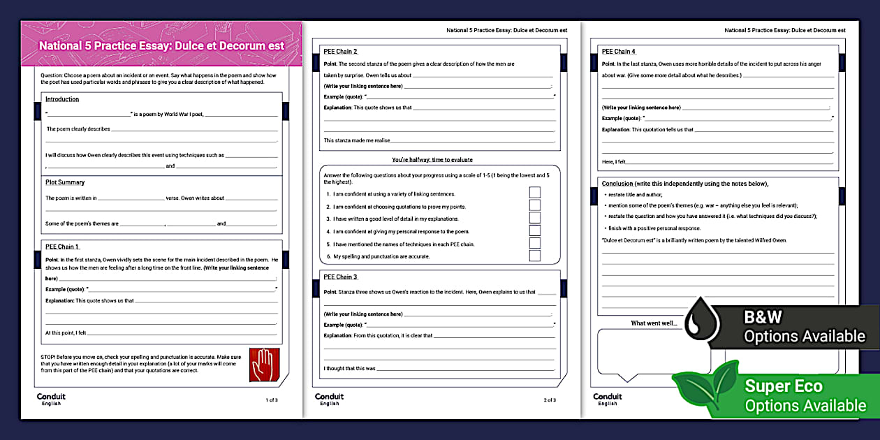 National 5 Scaffolded Essay Plan: Dulce et Decorum Est