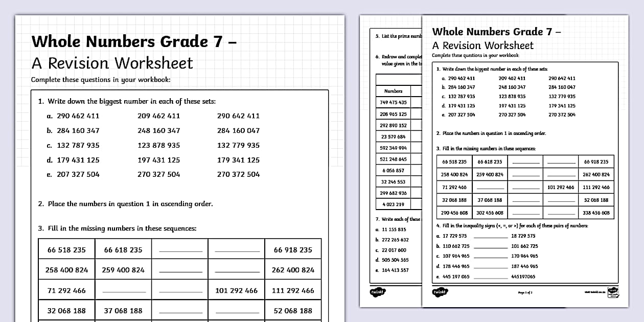 Whole Numbers Grade 7 – A Revision Worksheet - Twinkl