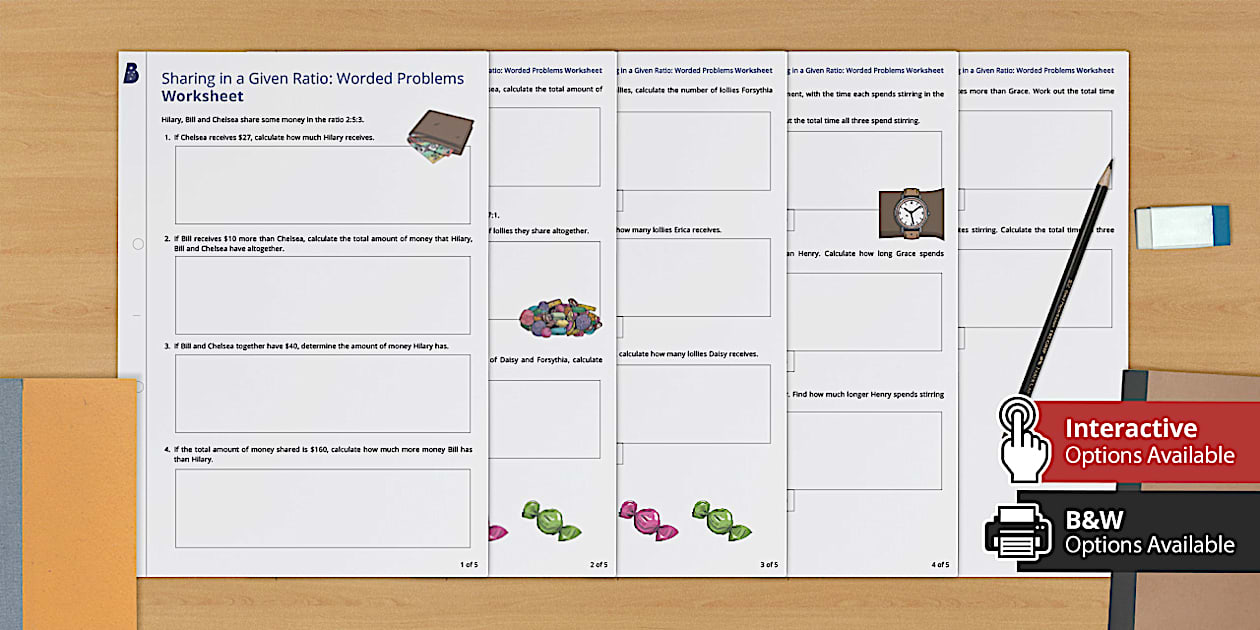 Sharing in a Given Ratio: Worded Problems Worksheet - Twinkl