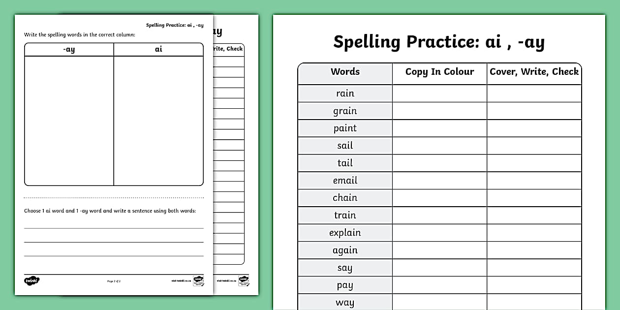 Grade 3 ai , ay Phonics Spelling Practice Sheets - Twinkl