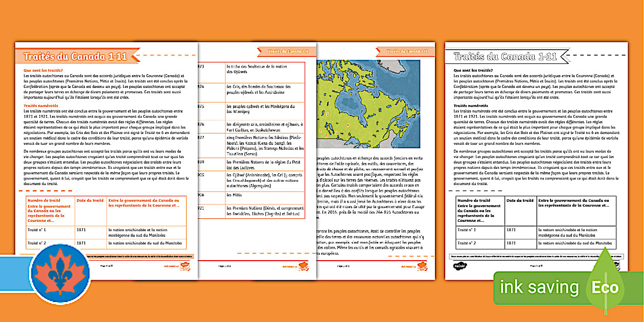 Canada's Treaties 1-11 Reading Comprehension French - Twinkl