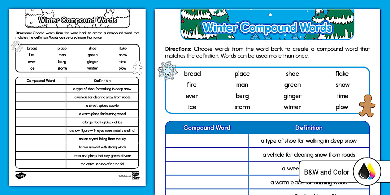 Second Grade Winter Compound Words (profesor hizo) - Twinkl