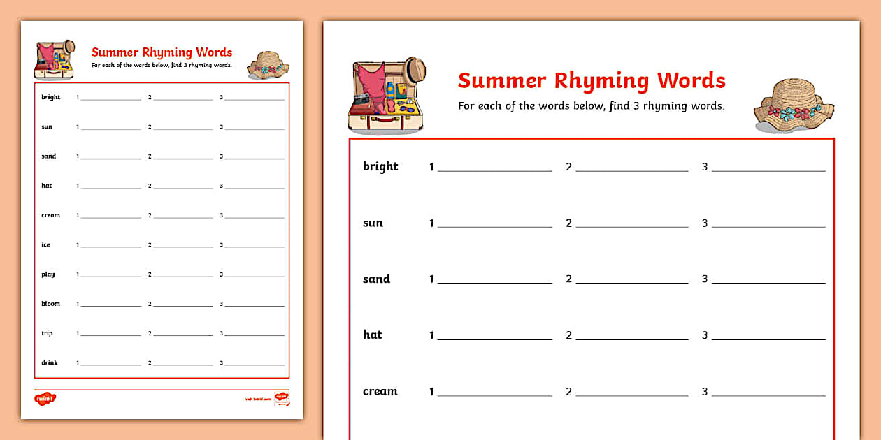 Summer Three Rhyming Words Worksheet (teacher made) - Twinkl