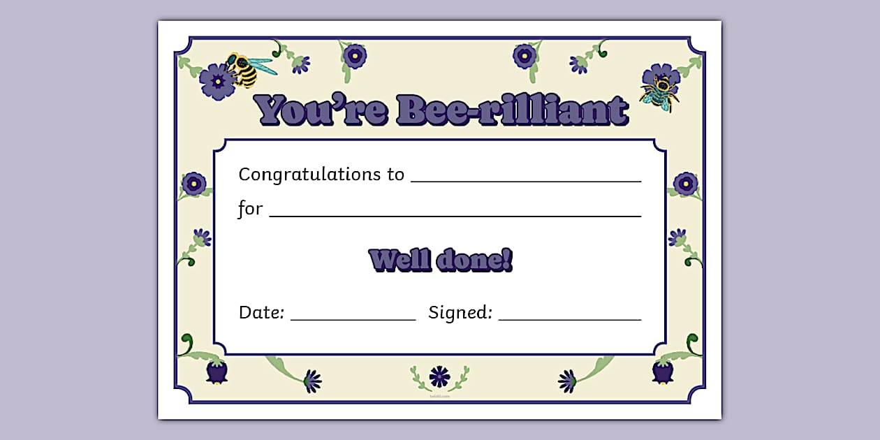 Bee-Themed You're Brilliant Certificate (teacher made)