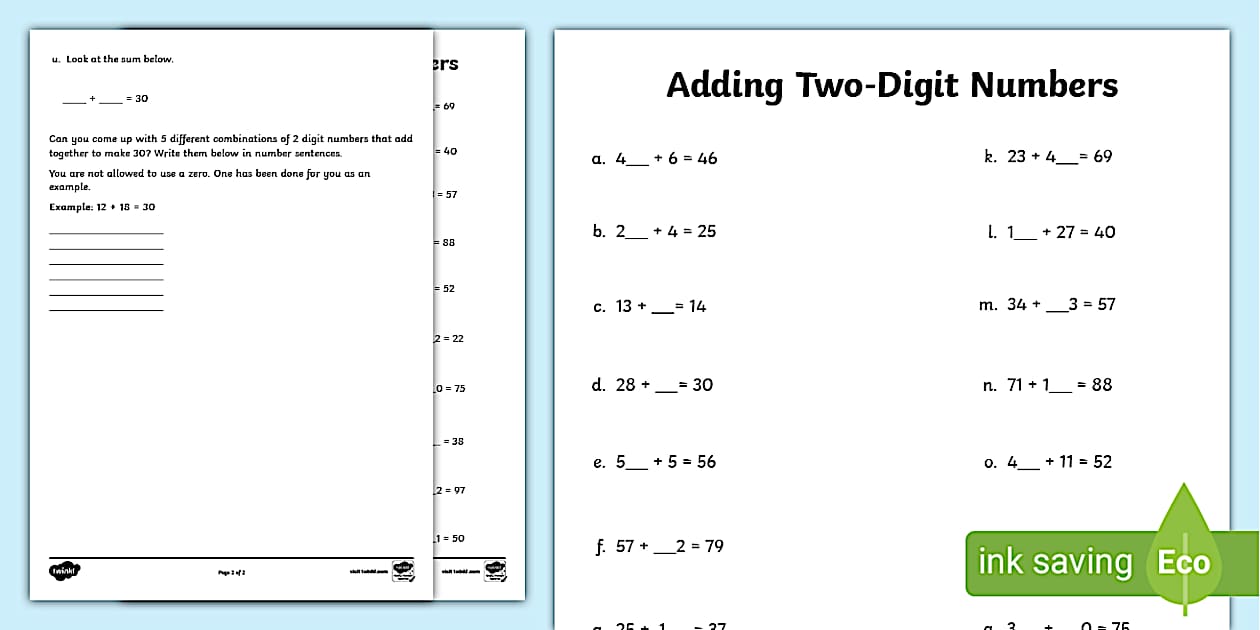 👉 Missing Digits in a Two-Digit Number Addition Activity Sheet