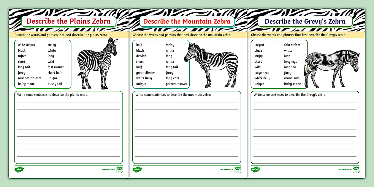 Zebra Species Descriptive Writing Worksheets - Twinkl