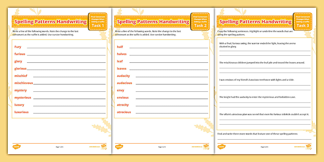 NZ Spelling Patterns Handwriting - Year 7 and 8 Final Consonant Changes ...