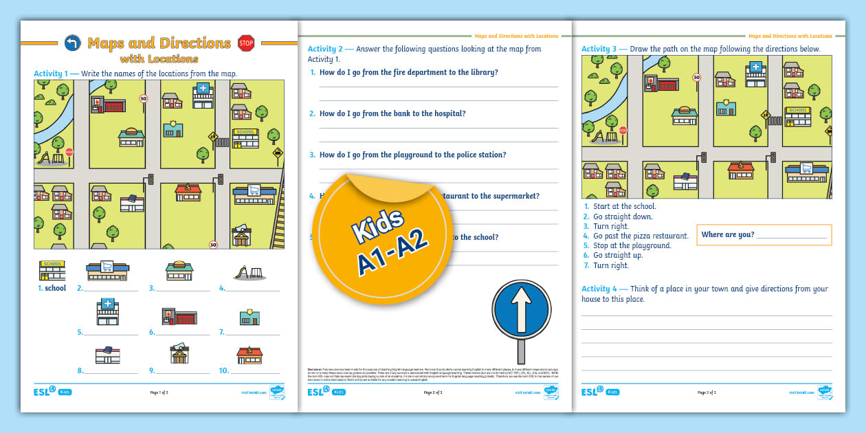 Kids ESL Maps & Directions Activity Sheet [Kids, A1-A2]