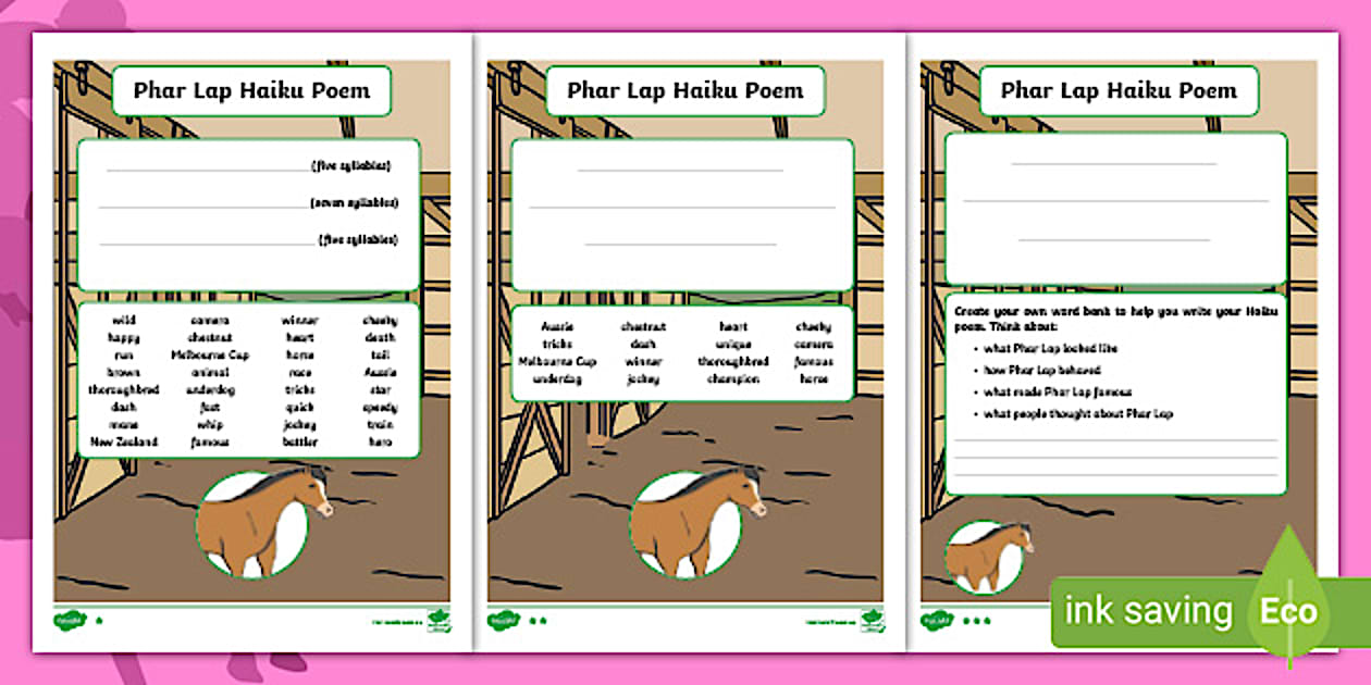 Phar Lap Haiku Poem Differentiated Worksheets