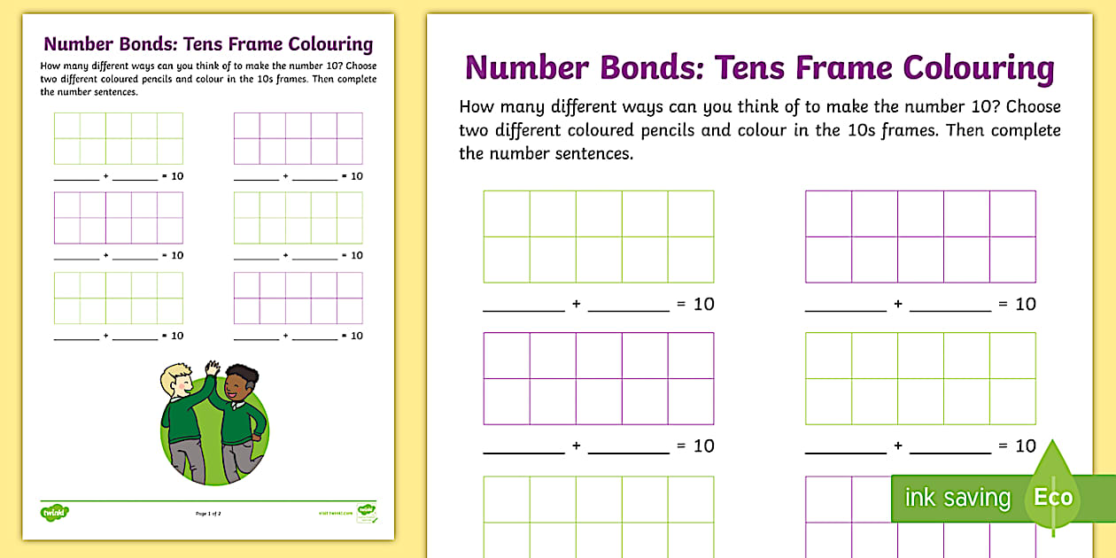 Black and White Number Bonds: Tens Frame Colouring Maths Worksheet
