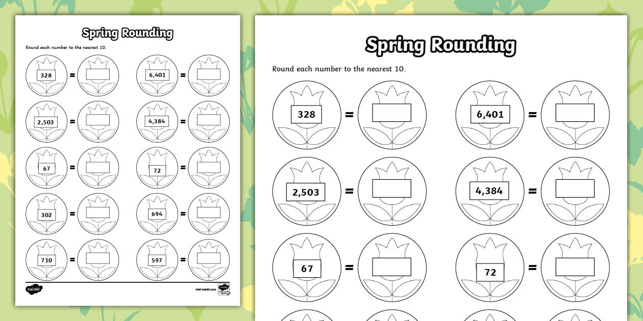 Third Grade Rounding to the Nearest 10 Spring Worksheet