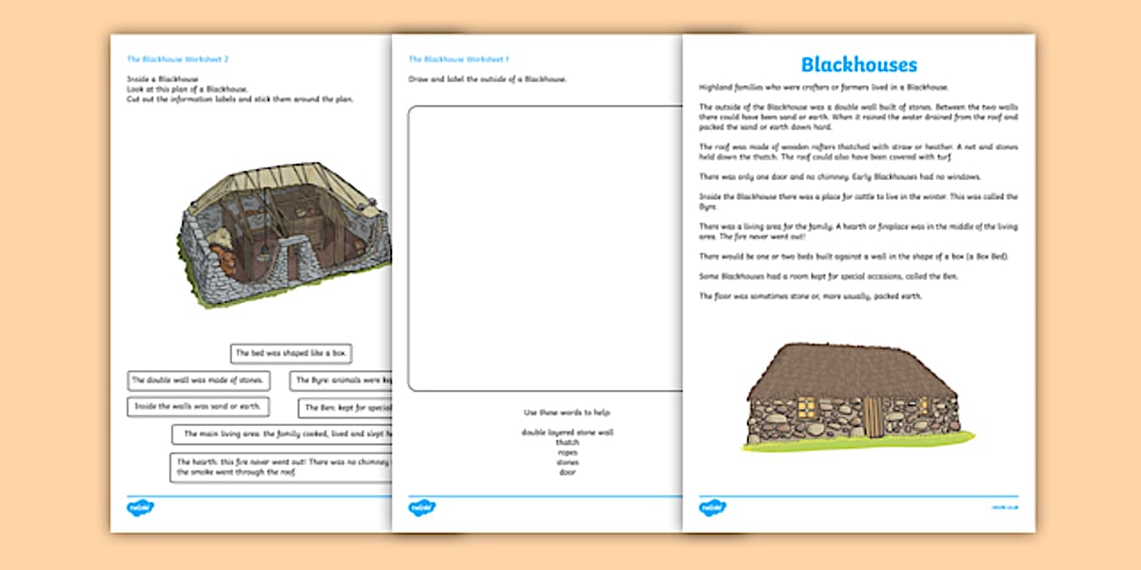 Black and White A Blackhouse Drawing and Labelling Worksheet