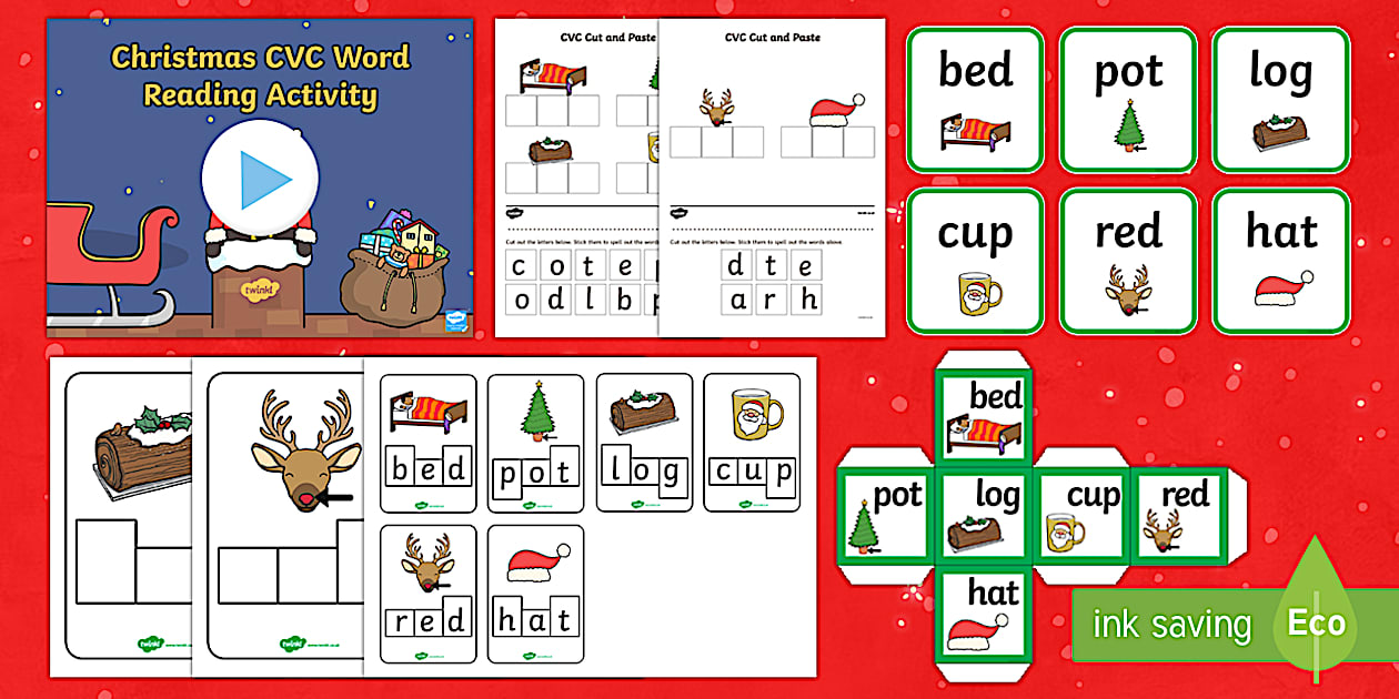 Black and White Christmas CVC Words Activity Pack - Twinkl