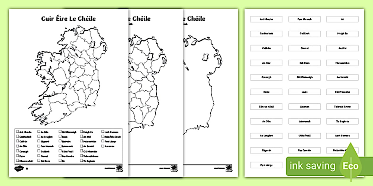 Blank Map of Ireland Counties Printable Jigsaw (Gaeilge)