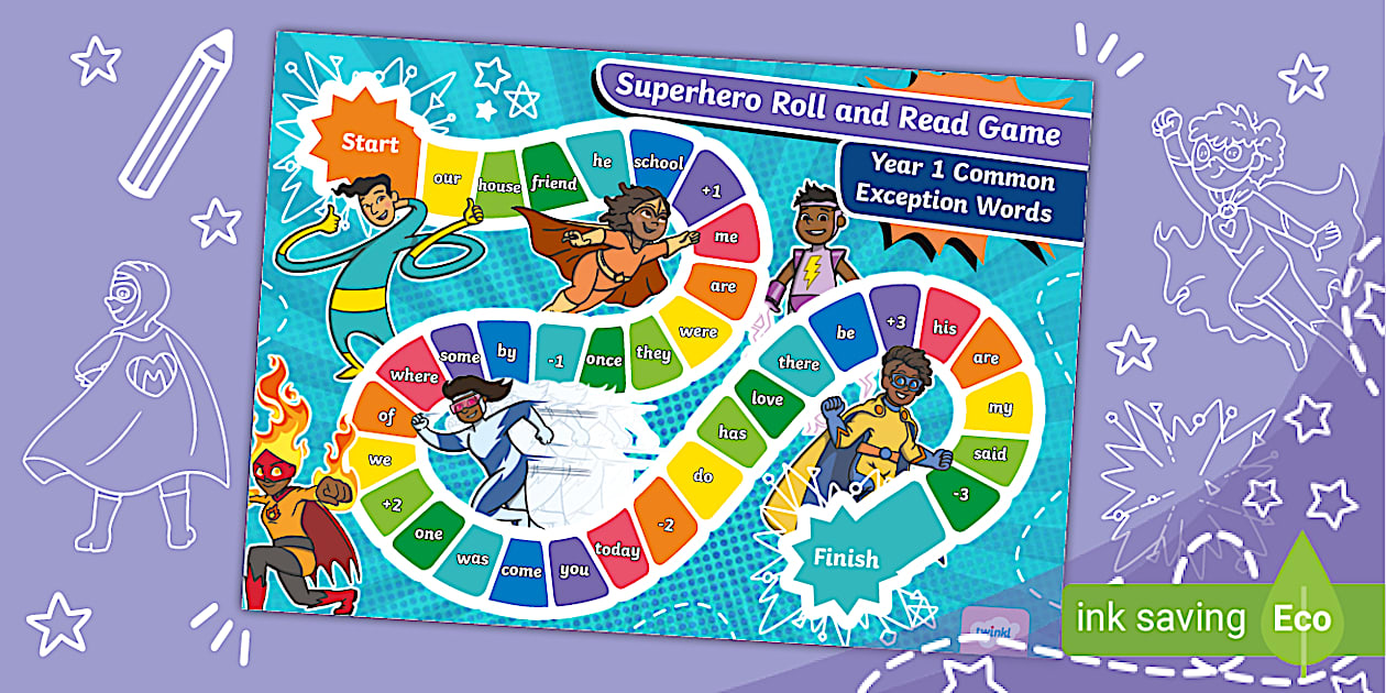 Superhero Roll and Read: Year 1 Common Exception Words Game