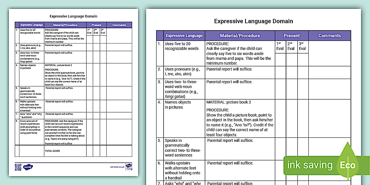 RECCD Checklist Expressive Language Domain | Philippines | Twinkl