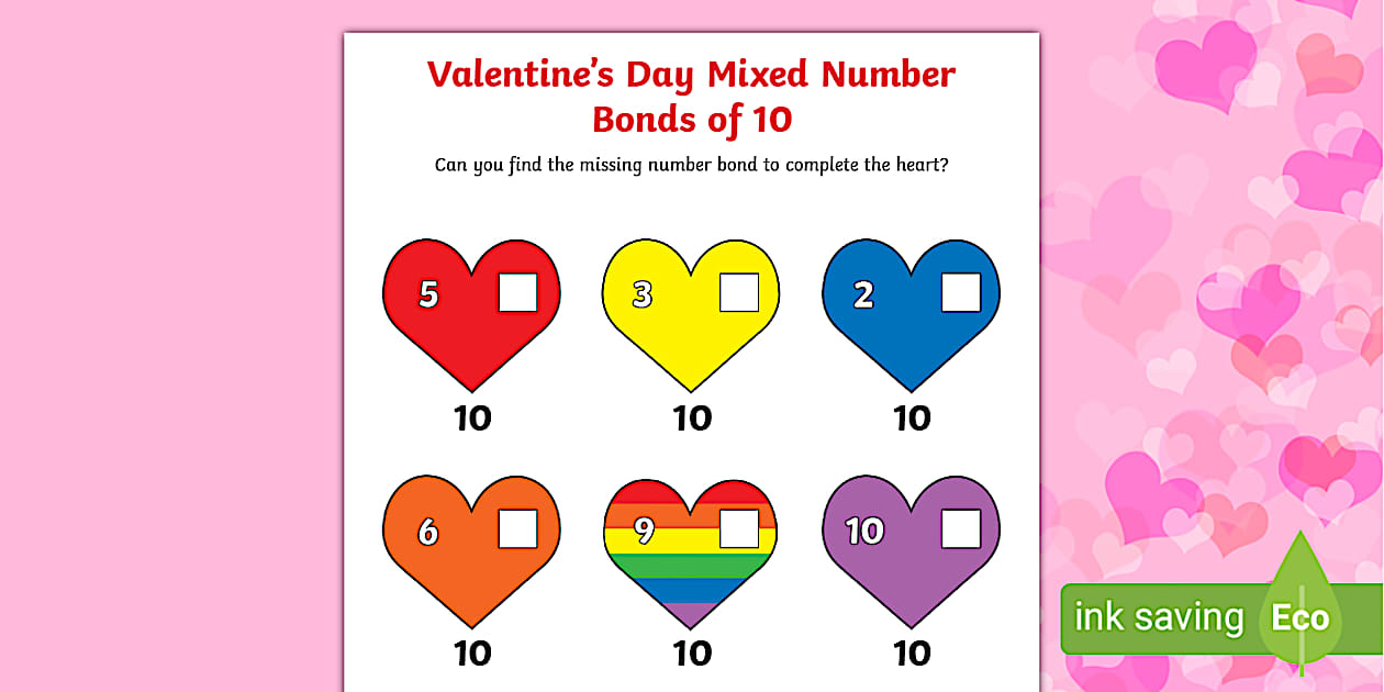 Valentine's Day Hearts Mixed Number Bonds to 10 Worksheet / Worksheet