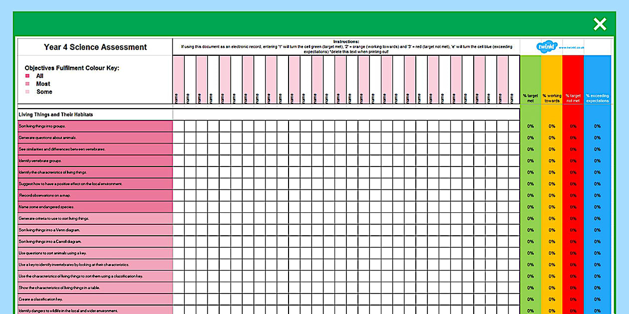 Y4 Science Assessment Spreadsheet (teacher made) - Twinkl
