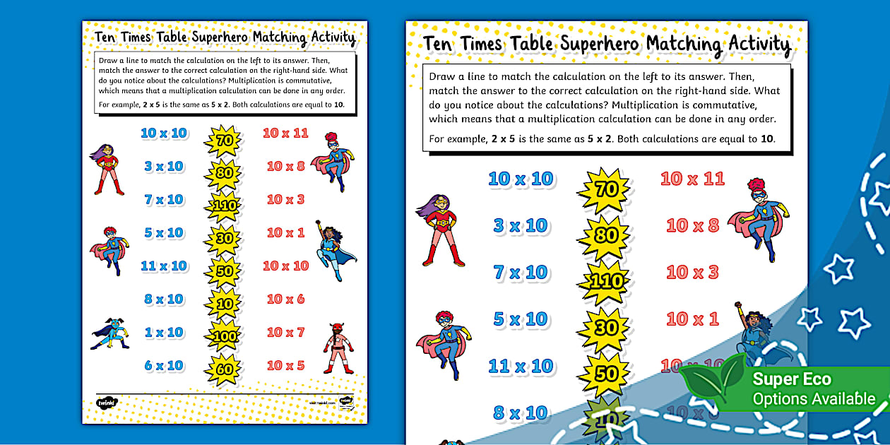 Ten Times Table Superhero Matching Activity (teacher made)