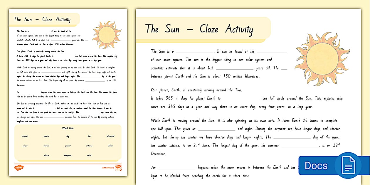 The Sun Cloze Activity (teacher made) - Twinkl