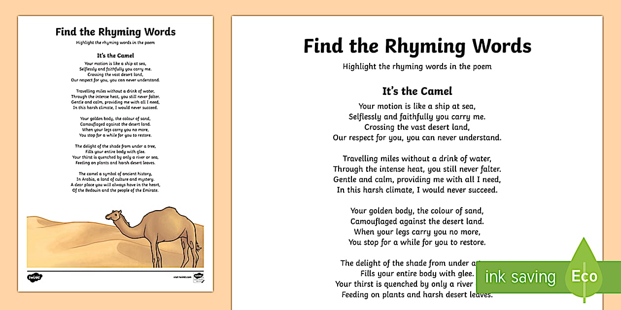 Camel Poem Find the Rhyming Words Worksheet / Worksheet