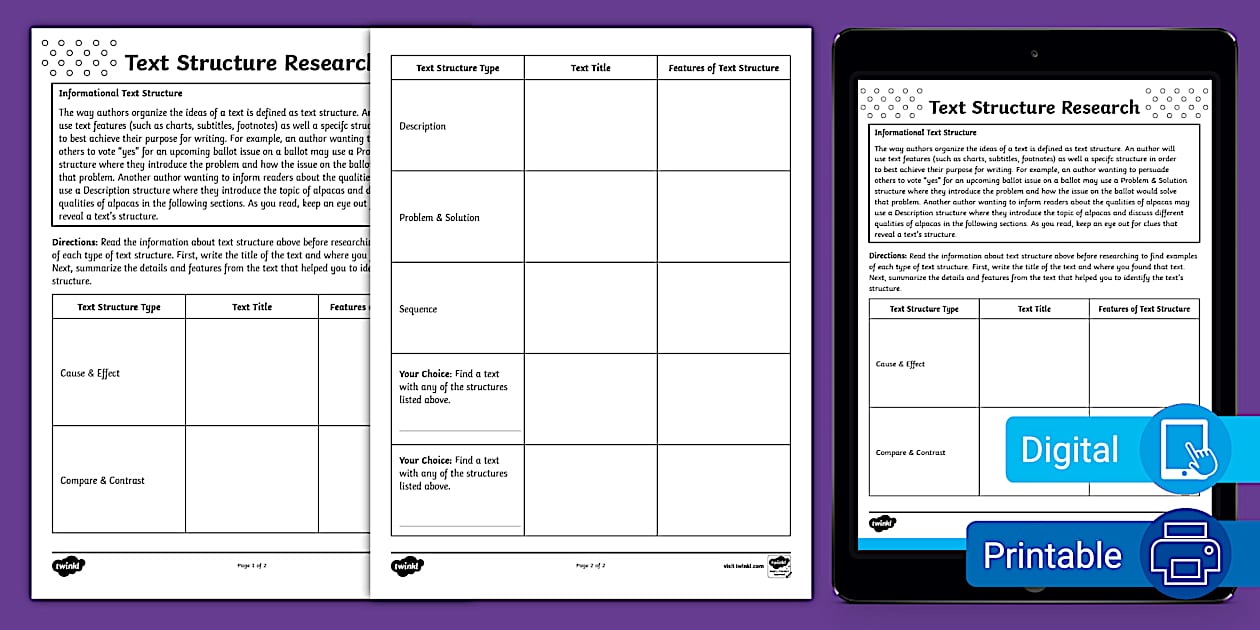 Sixth Grade Text Structure Research Worksheet (Teacher-Made)