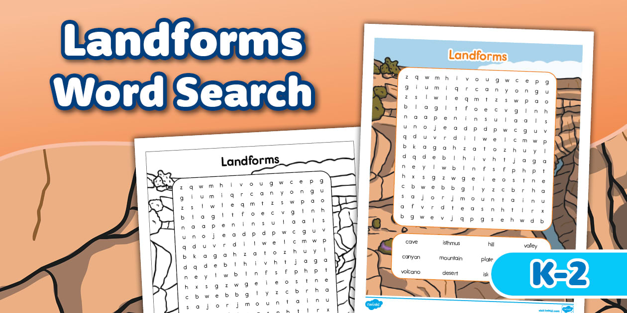 Landforms Word Search for K-2nd Grade