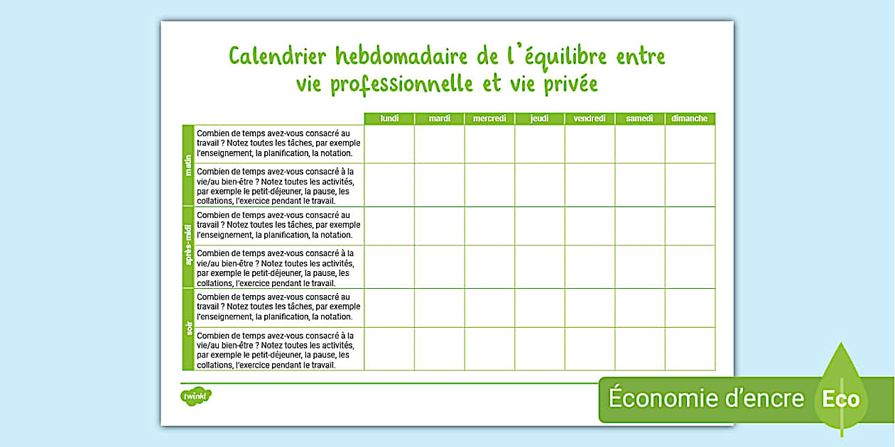 Calendrier hebdomadaire de l'équilibre entre vie professionnelle et vie privée