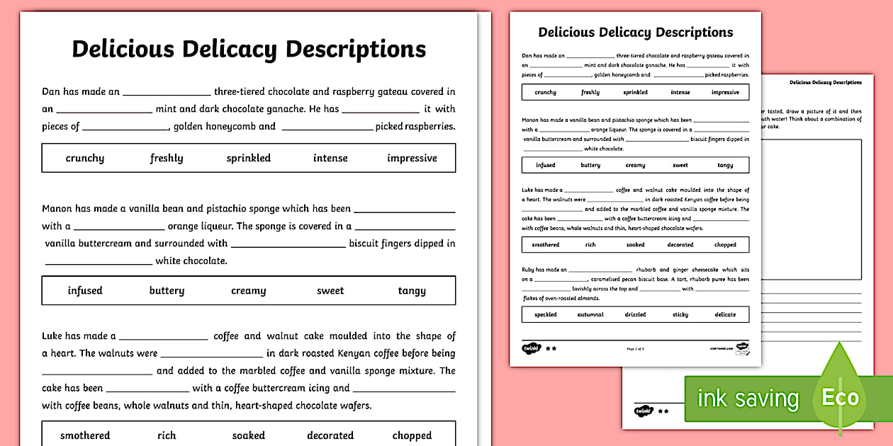 KS2 Delicious Delicacy Descriptions Differentiated Worksheets