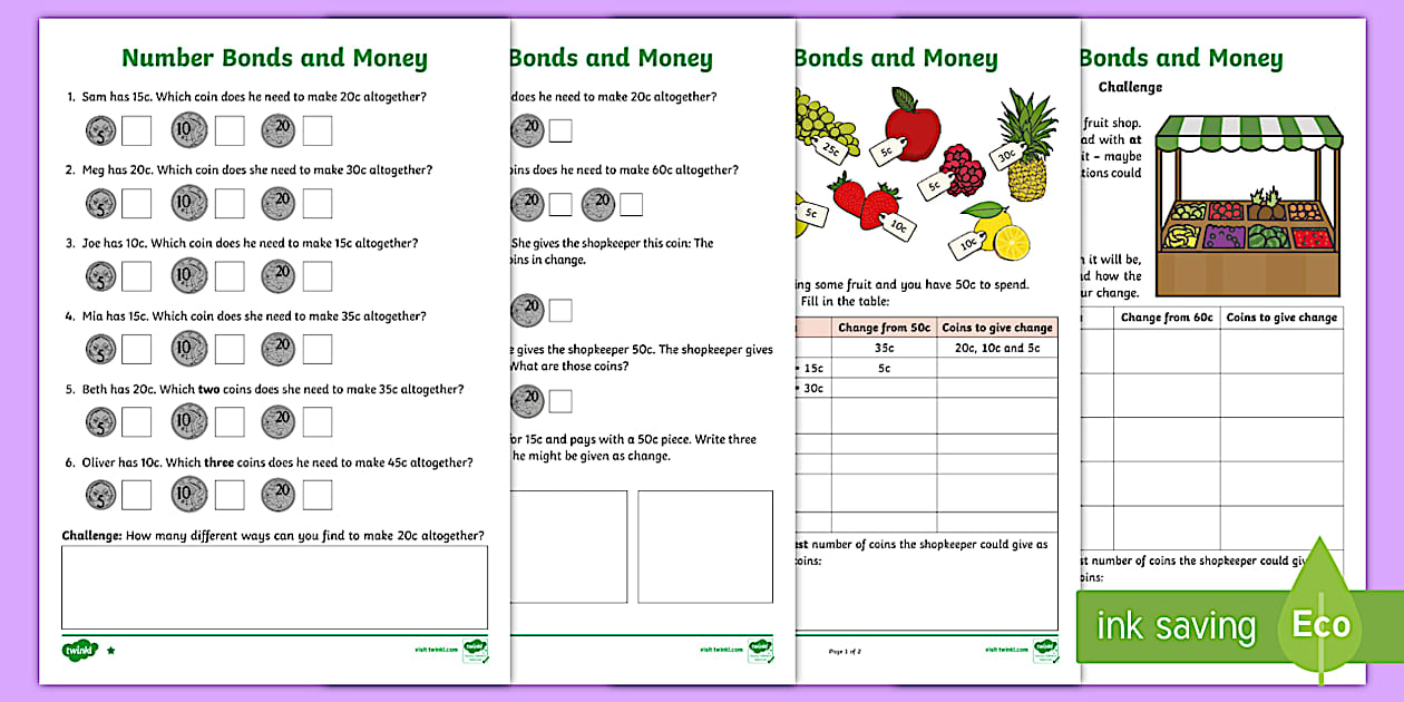 Australia Year 2 Maths Number Bonds and Money Homework Worksheet ...