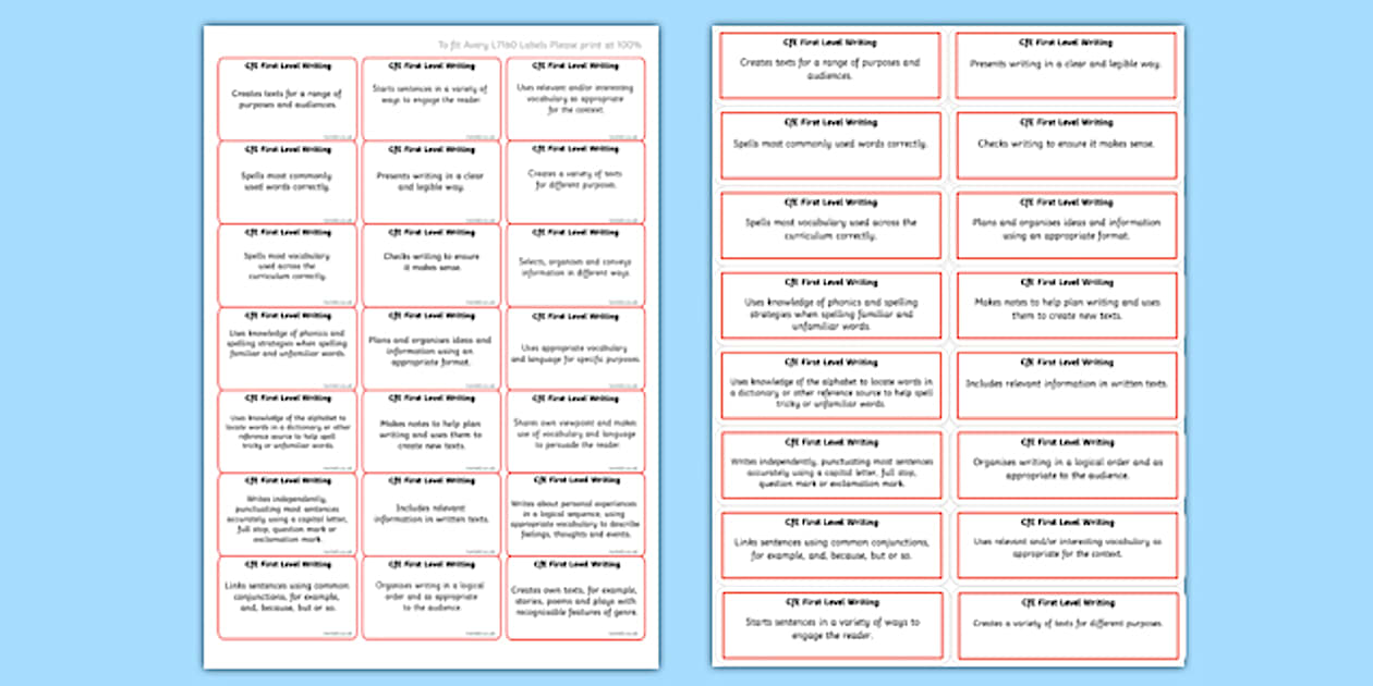 Editable CfE First Level Writing Benchmarks Assessment Stickers